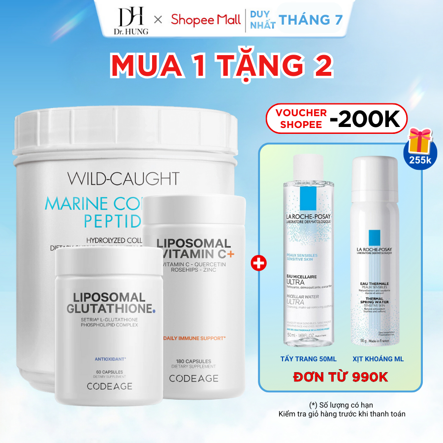 Set of 3 CodeAge Marine Collagen Peptides 450g, Liposomal Vitamin C 180 tablets, Liposomal ...