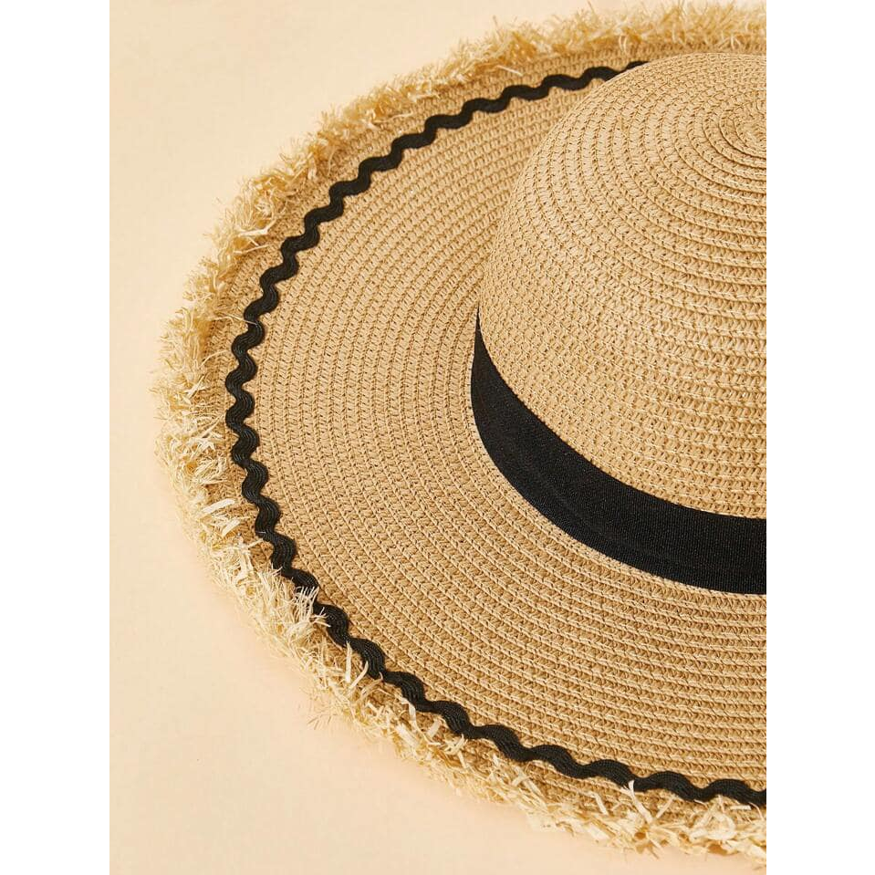 Wide-brimmed straw beach sun hat with black fabric strap, simple and ...