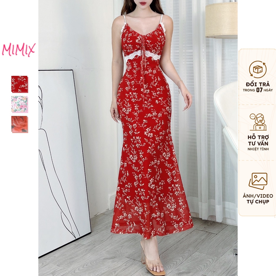 Mimix 2-Strap Bodycon Dress Made of Floral Printed Mesh with Lace Trim ...