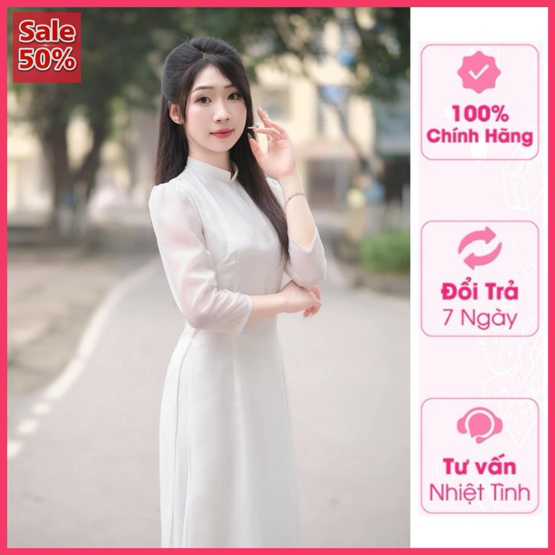 White Long Sleeve Ao Dai With 4 Flaps Collar Studded With Pearls For ...