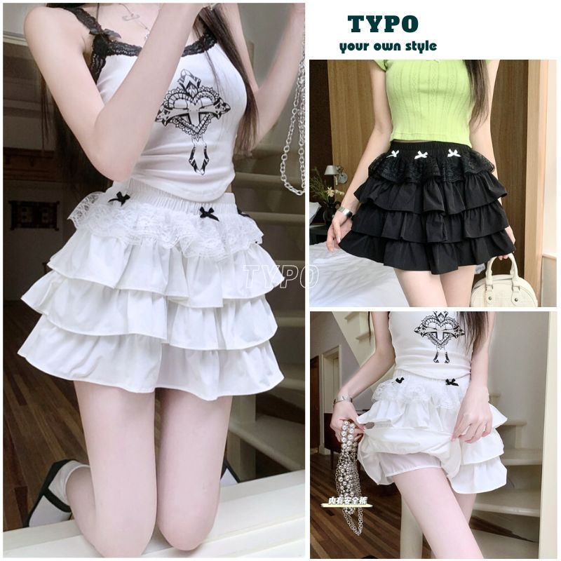 TYPO Short skirt with bow lace border, Korean ulzzang style ruffled ...