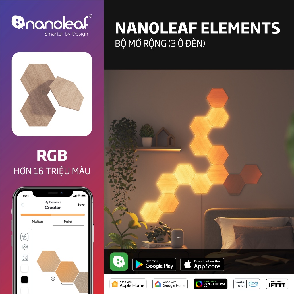 Nanoleaf Elements Smart Assembly RGB LED Light with 3 Light Panels ...