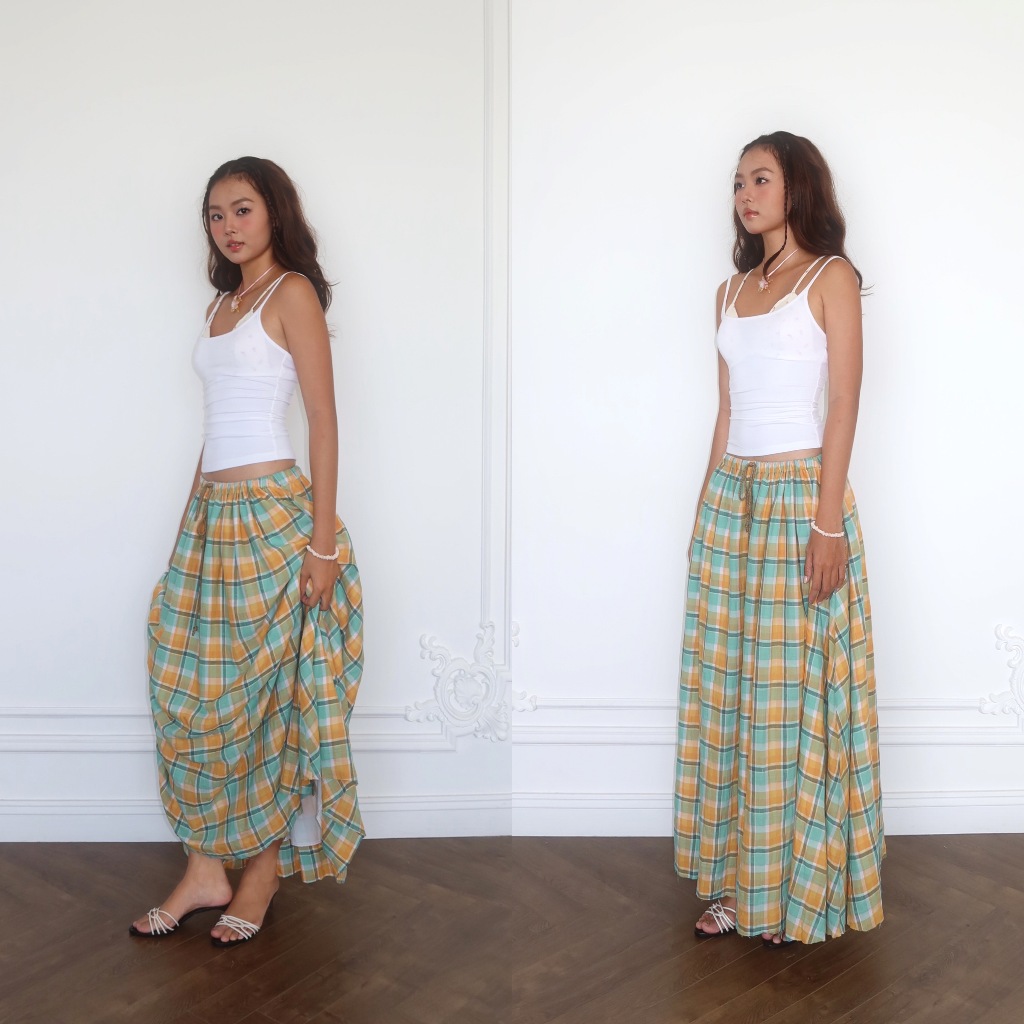 Tus - High-waisted yellow checkered maxi skirt, feminine shape ...