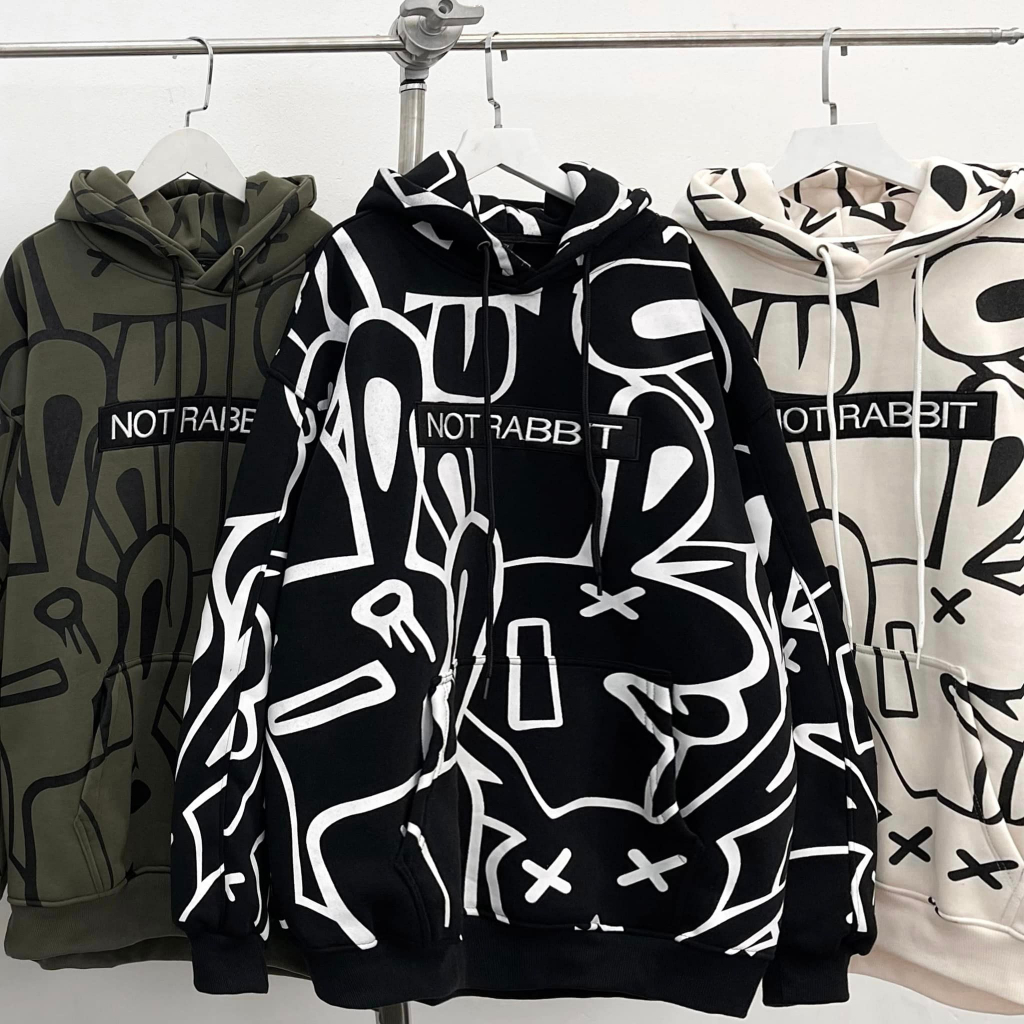 Hoodie NOT RABBIT RABBIT Felt Cotton Lining Embroidered Letter Wide ...