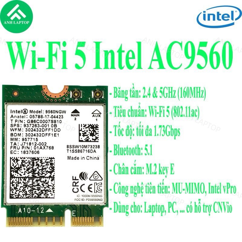 Intel AC9560 wifi Card. Install for laptop, pc,... 2 bands, speed 1 ...