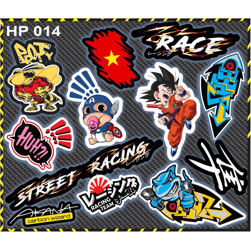 Combo sticker (HP 014) super hot animated songoku, shark, raider ...