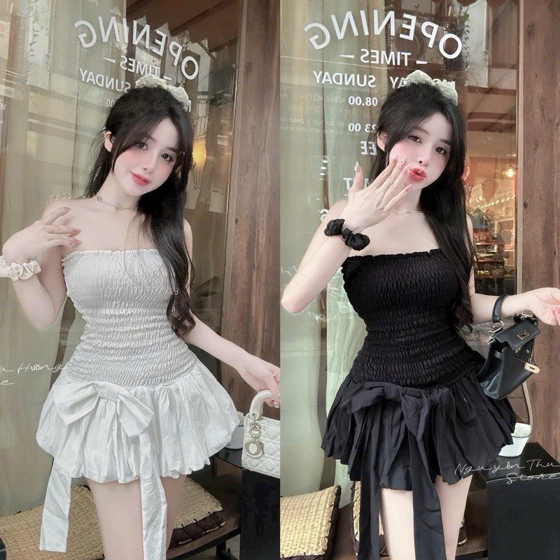 Super cute full-body mocking strapless dress with slight flare and bow ...