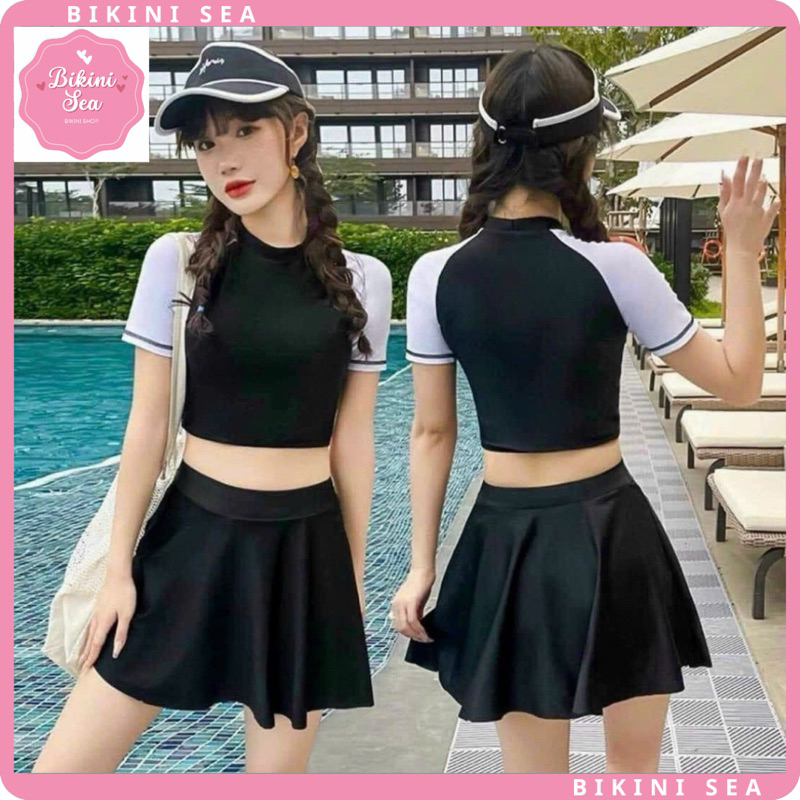Women's discreet bikini swimsuit, crop top with white sleeves and ...