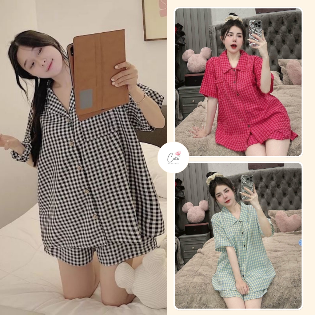 short sleeve Checkered pajama Set for women's home wear - Thigh-length ...