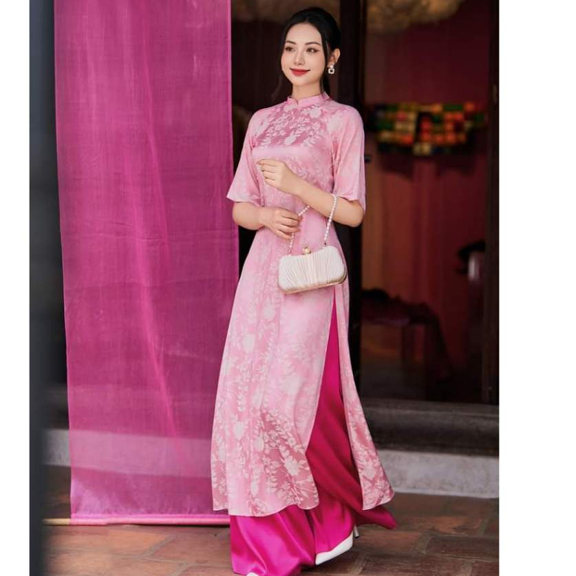 Modern silk brocade ao dai with two loose shapes and bows, traditional ...