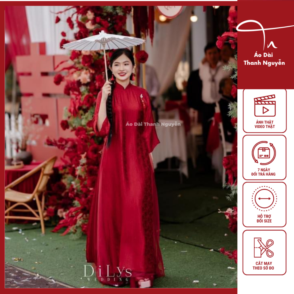 Red Bride Wedding Ao Dai, High Quality Silk Brocade 4 Flap Ao Dai (Ha ...