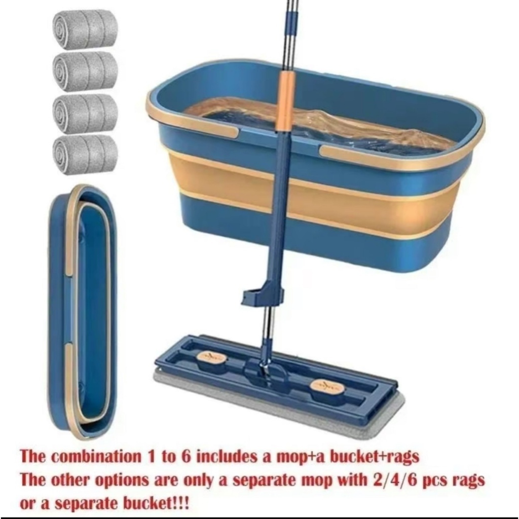 Self-wringing Mop Set with Smart Silicone Folding Bucket and 4 Mop ...