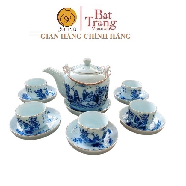 Blue enamel tea set with gold stripes and bamboo motifs - Bat Trang ...