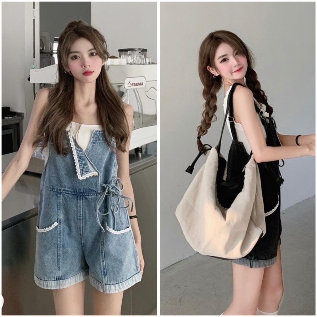 [New model] Korean dynamic short jean overalls with hem, denim overalls ...