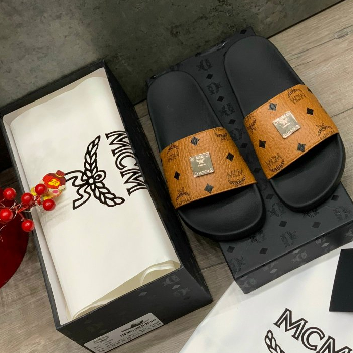 Mcm brown cross-strap sandals for men and women with Square Logo Tag ...