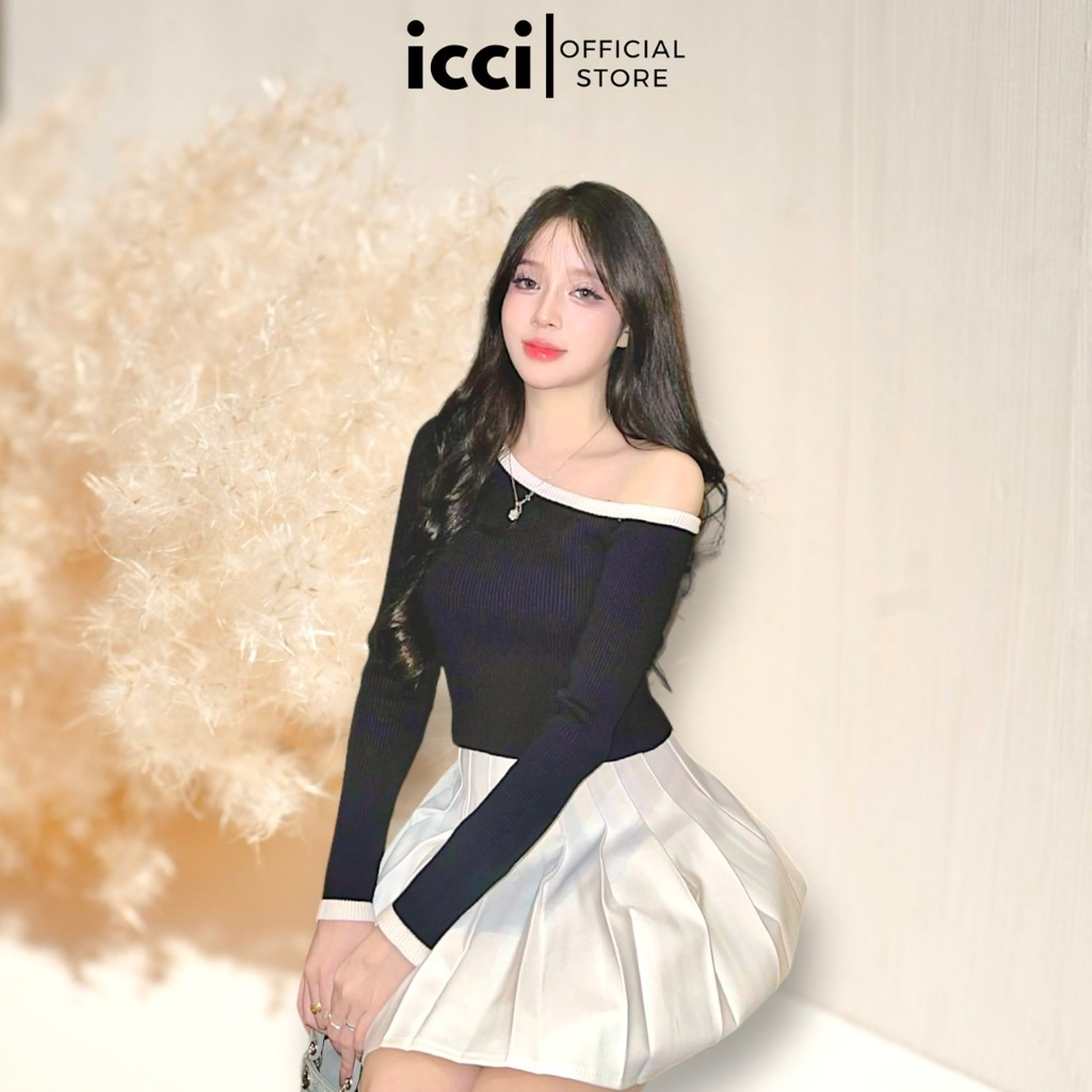 Icci - Off-the-shoulder long-sleeved sweater in LV1 color combination | Shopee Malaysia