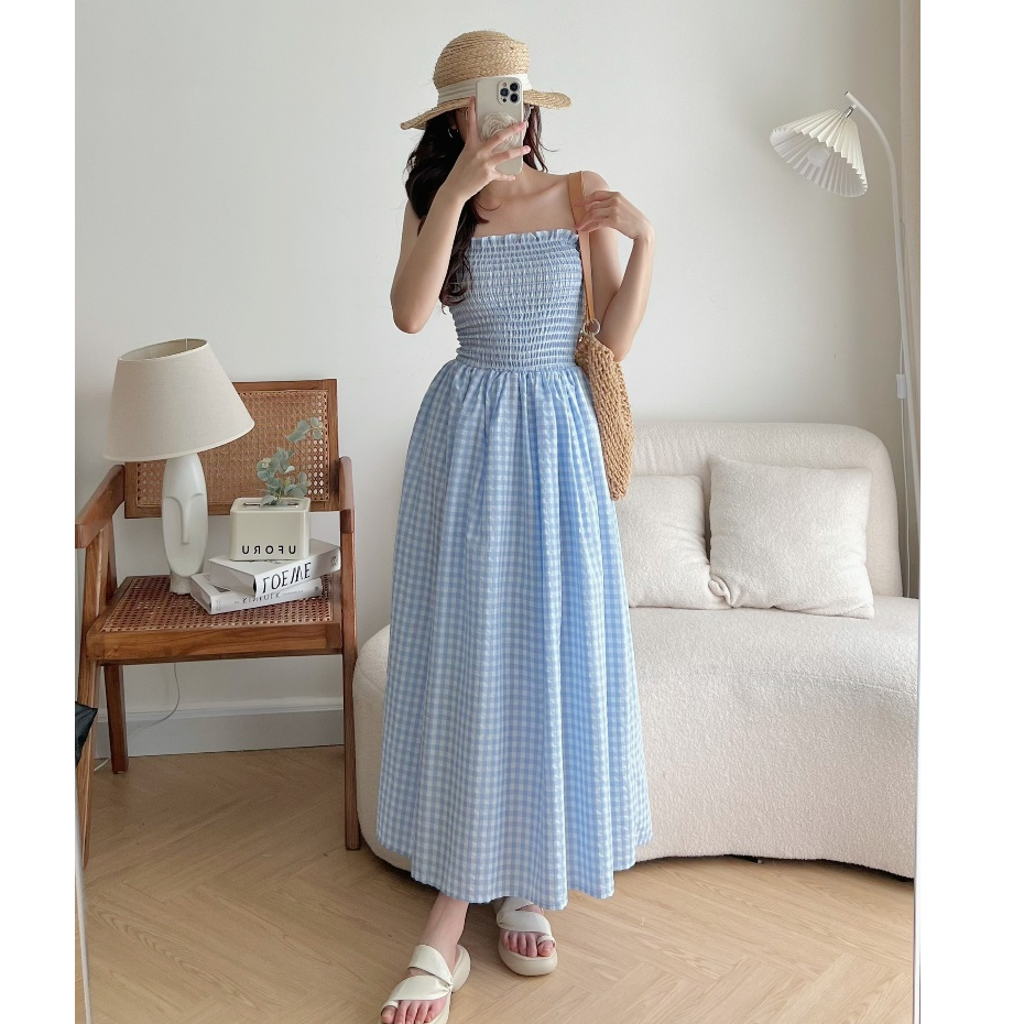 Brare-check Caro Dress With Elastic Chest Straps, Plaid Maxi Dress Long ...