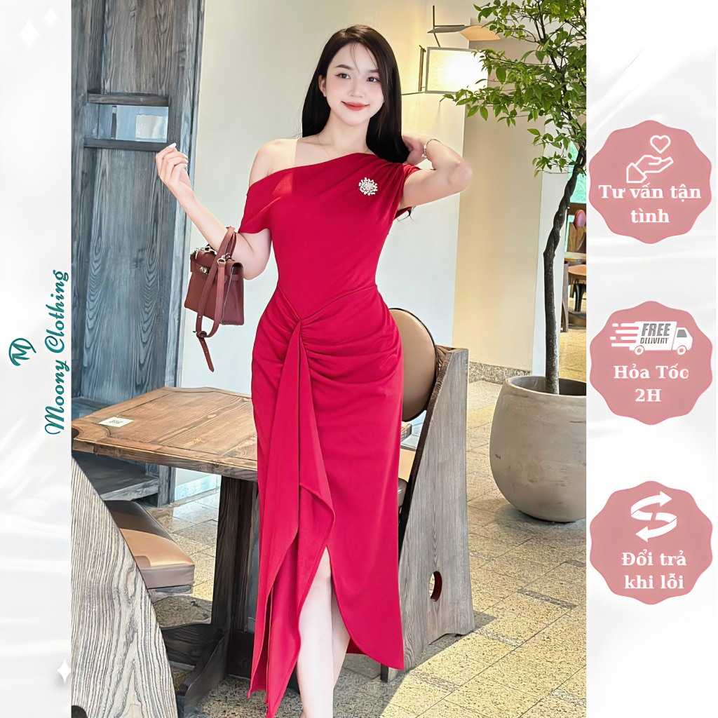 Party Dress Designed with Off Shoulder, Ruffled Flap, Belly Split ...