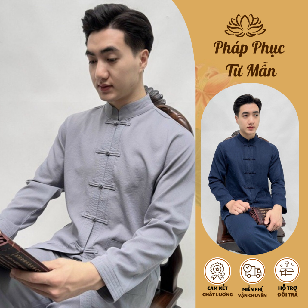 France long-sleeved men's pagoda clothes with linen wear Chinese neck ...