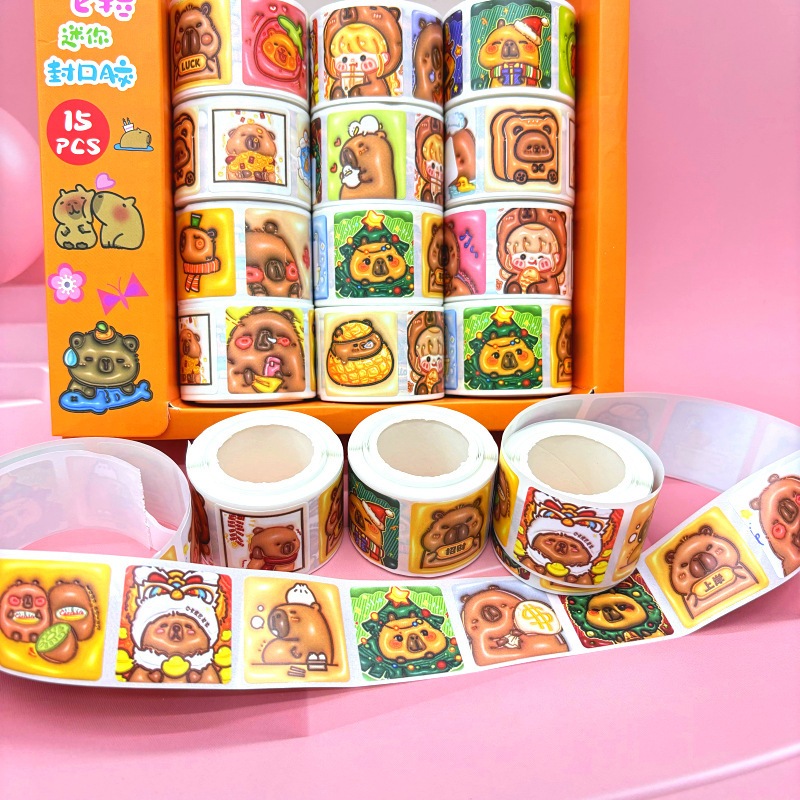 Roll of 200 Capybara stickers, cute Capybara square stickers | Shopee ...