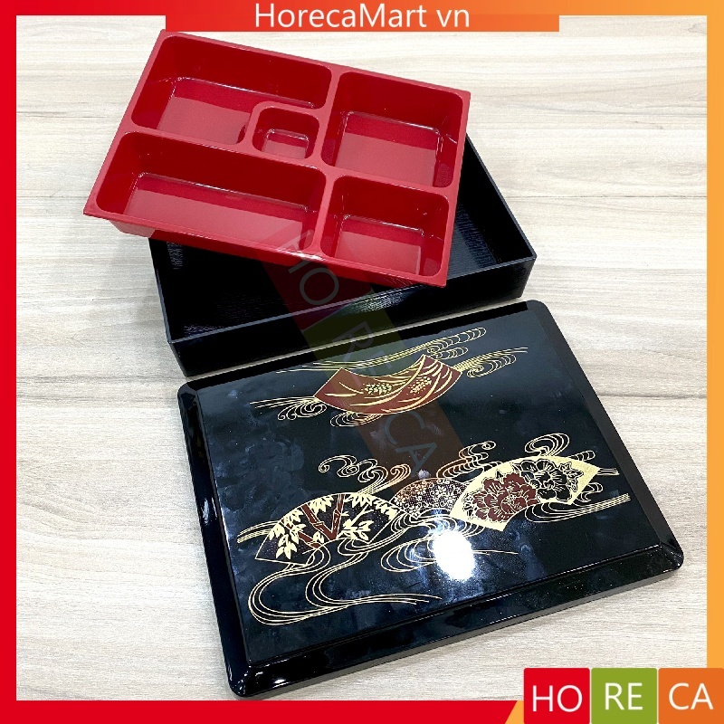 Japanese pattern bento tray ABS - Black red bento Lunchbox (With Lid ...