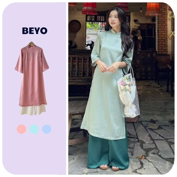 Beyo women's modern ao dai plain silkCNY with pearl buttons and mixed ...