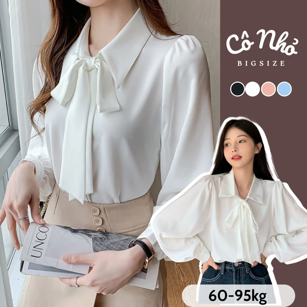 Big Size Women's Somi Long Sleeve Office Shirt with Bow Tie in Soft and ...