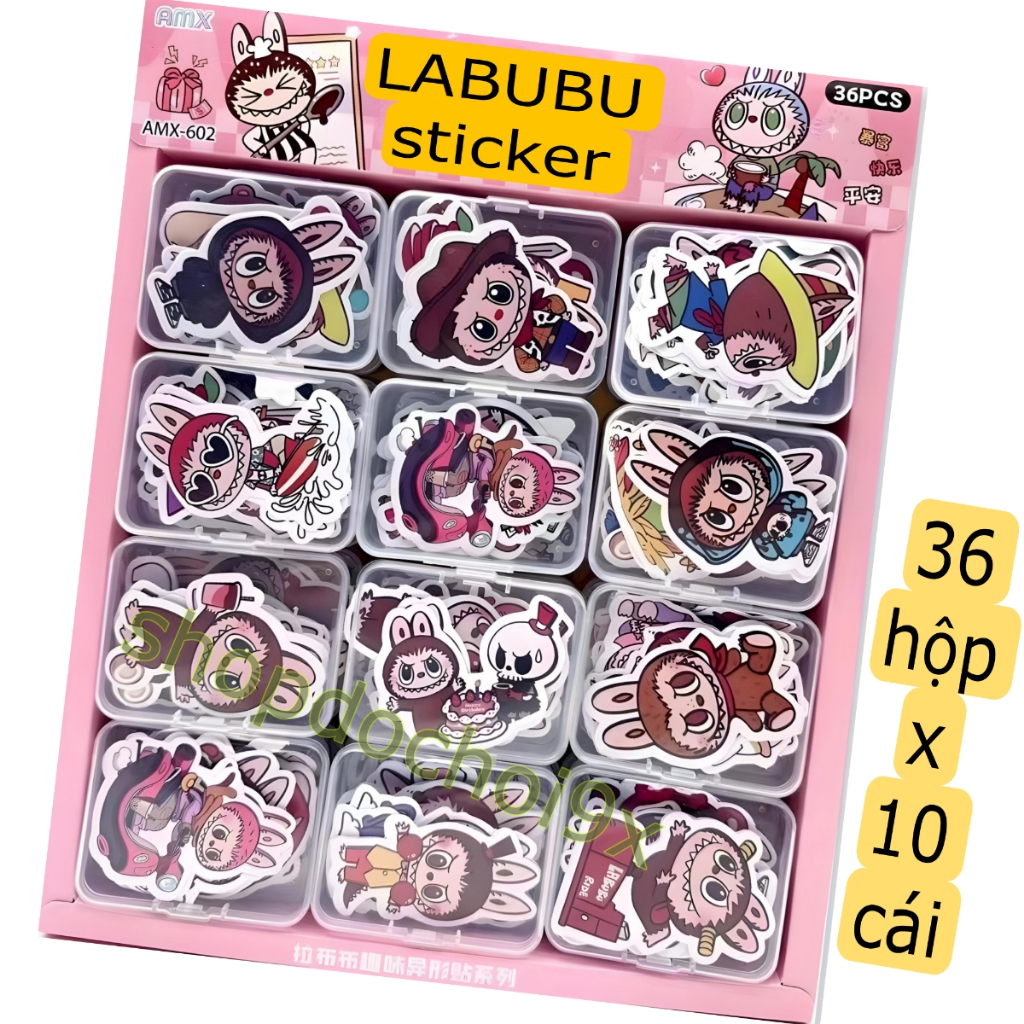 Tray of 36 boxes of labubu stickers, 5 to 7 cm large (each plastic box ...
