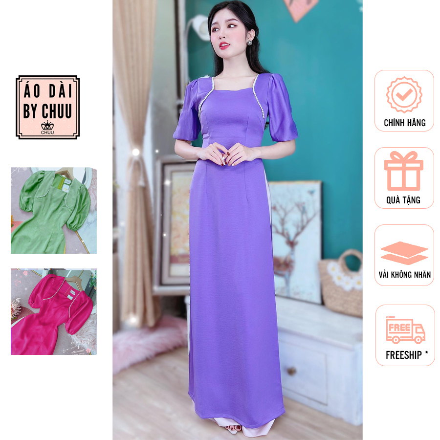 Modern women's ao dai with square neck and puff sleeves with pearls CHUU AD8091 without pants ...