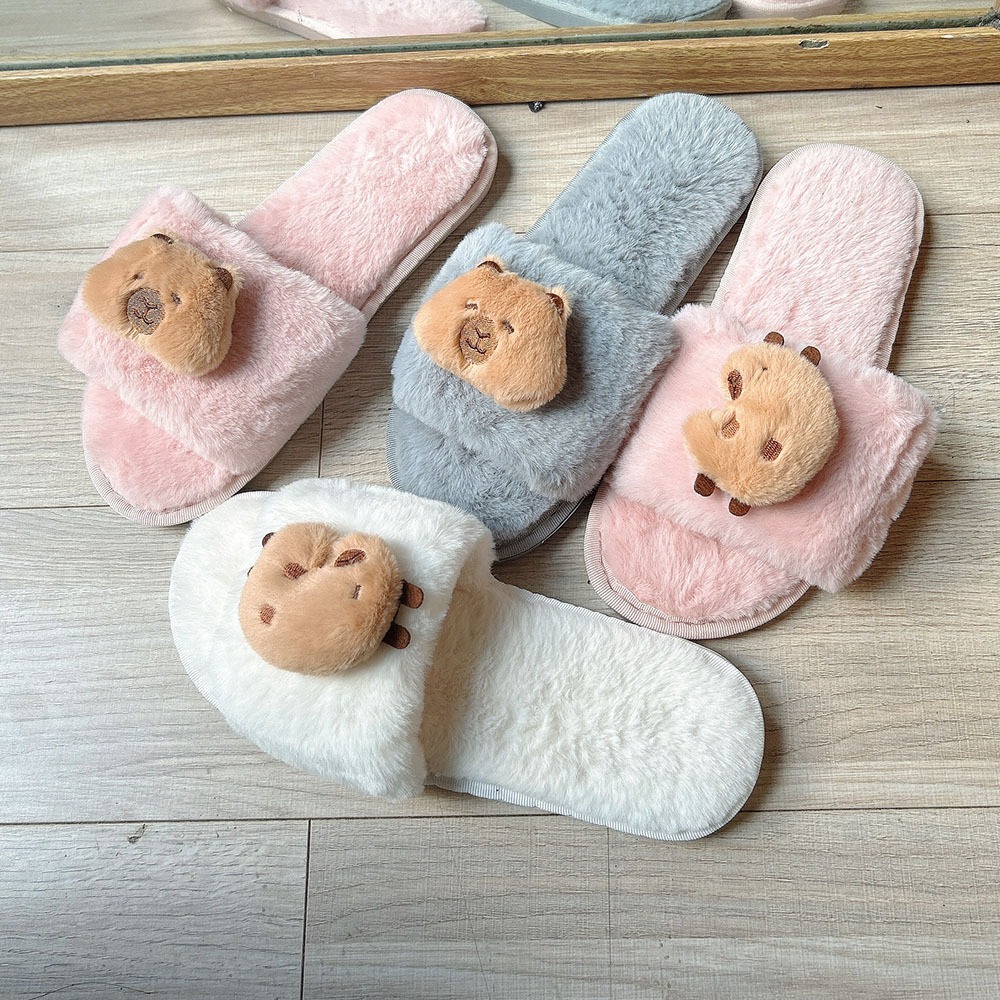 Capypara-shaped rabbit fur slippers for indoor use, bread-shaped straps ...