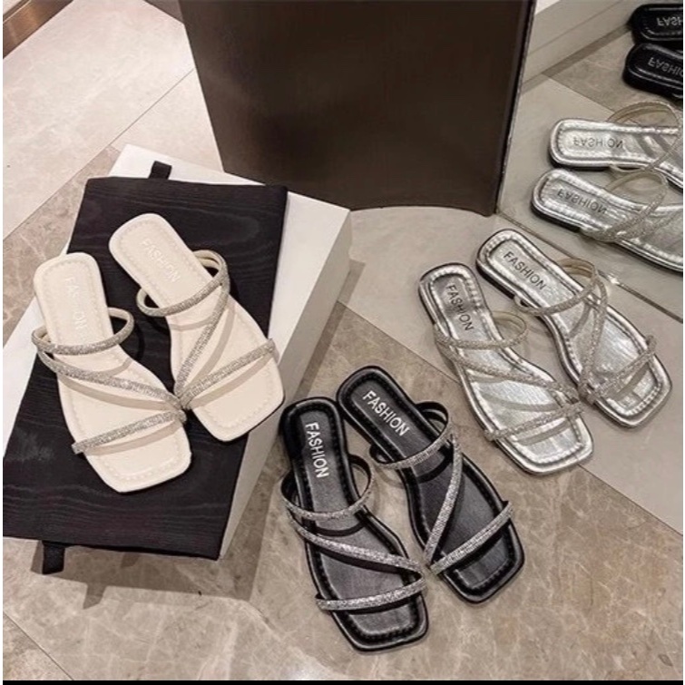 NEW MODEL - LUXURY - ELEGANT women's square toe flat sandals with 3 ...