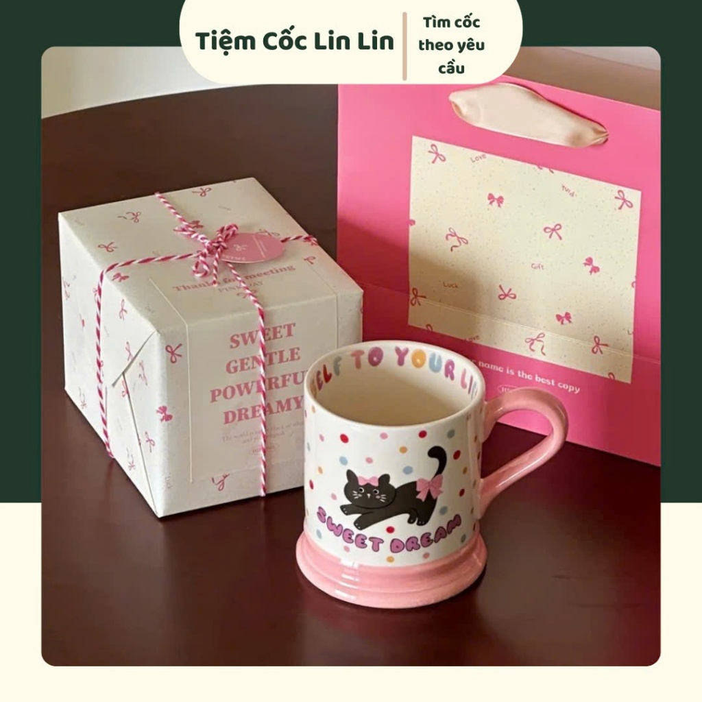 Sweet Dream” pink ebony cat ceramic cup, ceramic water cup, coffee cup ...