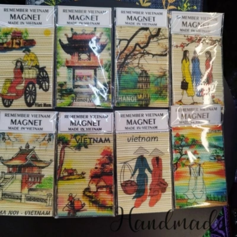 Fridge magnets made of bamboo blinds, hand-painted with images of ...