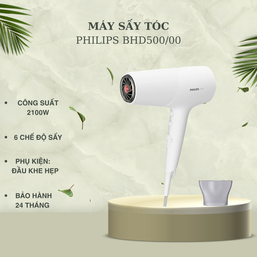 Philips BHD500/00 Hair Dryer - 2100W Capacity - 6 Heat Setting Modes ...
