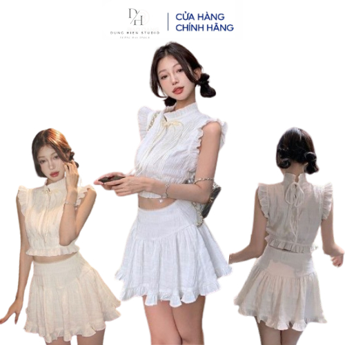 Dh STUDIO Ruffled Crochet Top Set with Bow Tie and Short Flared Skirt ...