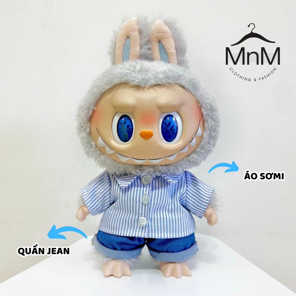 Blue striped shirt & Labubu Flip Jeans - Labubu 38cm - Labubu Big ...