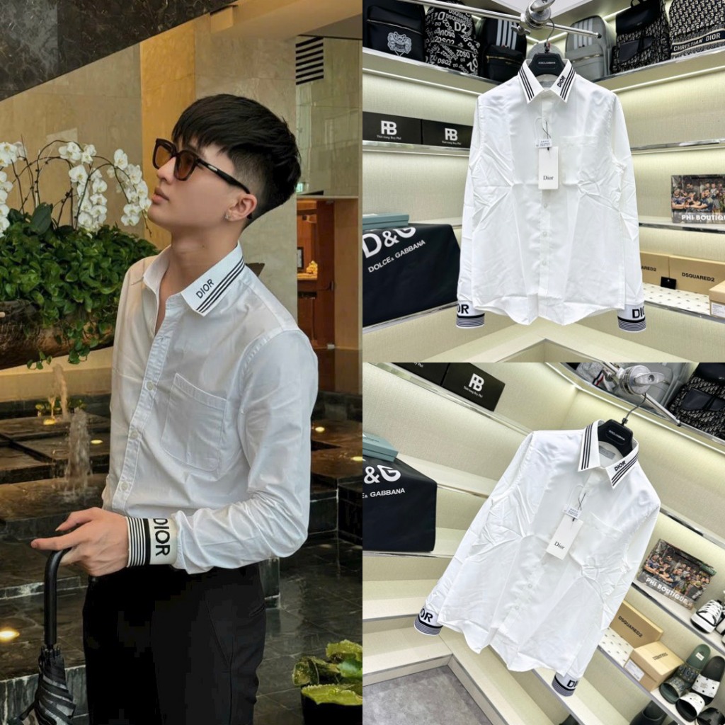 Men's long-sleeved white CD shirt, candle silk fabric, elastic band ...