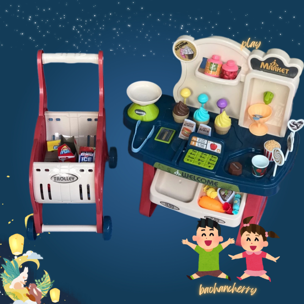 Supermarket Counter Set Toy with Trolley Supermarket Trolley Toy for ...