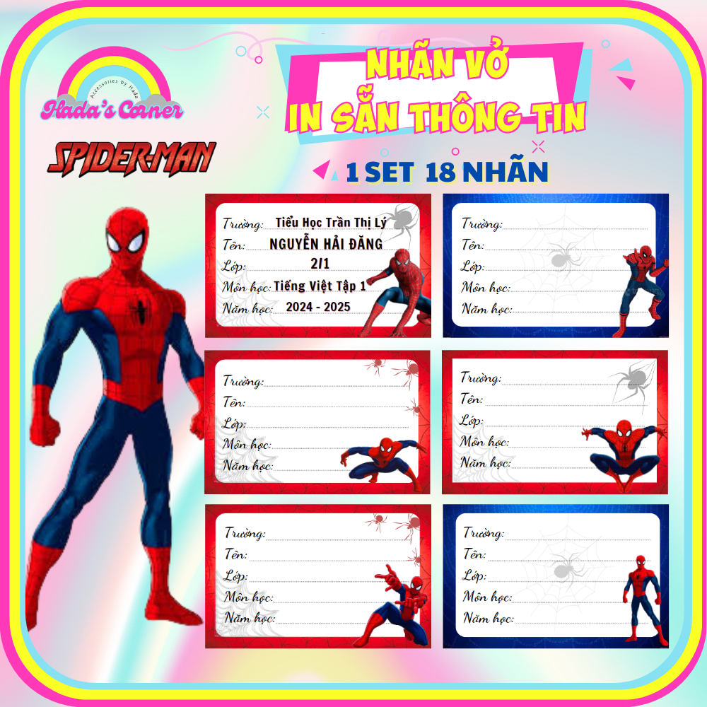 Set of 18 Spiderman notebook labels pre-filled with school/class/name/school/school year ...