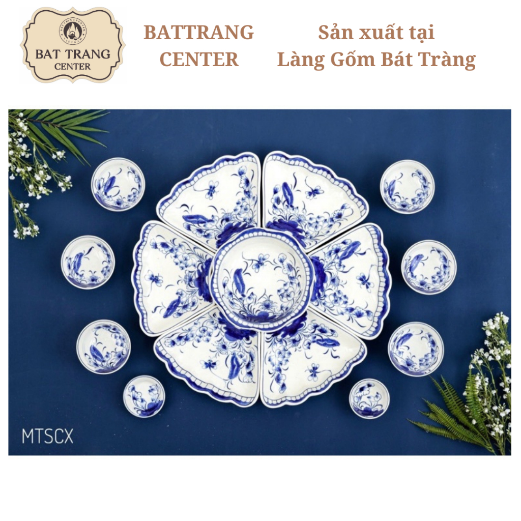 Bat Trang Sun Flower Dinnerware Set - painted with Green Dragon Lotus ...