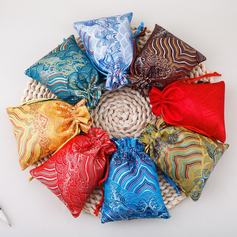 Green Embroidered Brocade Bag, Red Embroidery, Rattan Bag 10x14cm for ...