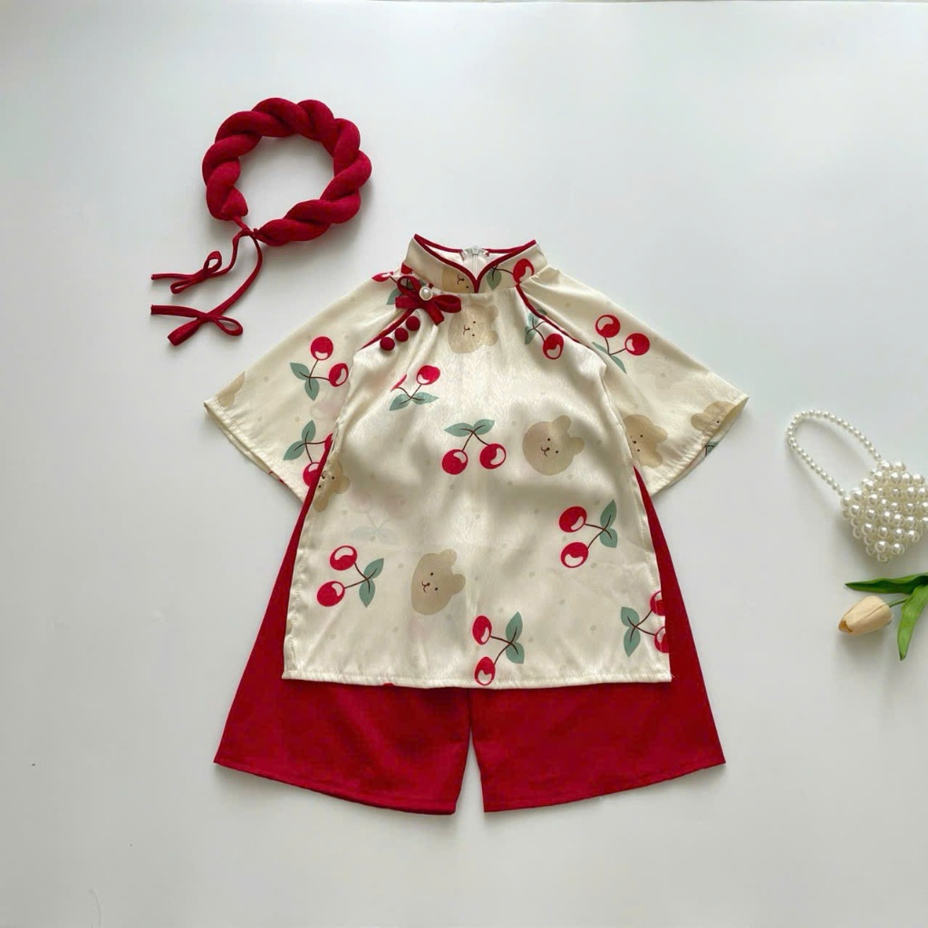 Ao Dai CNY, Red Cherry Ao Dai Set for Girls, Designer Modified Ao Dai ...