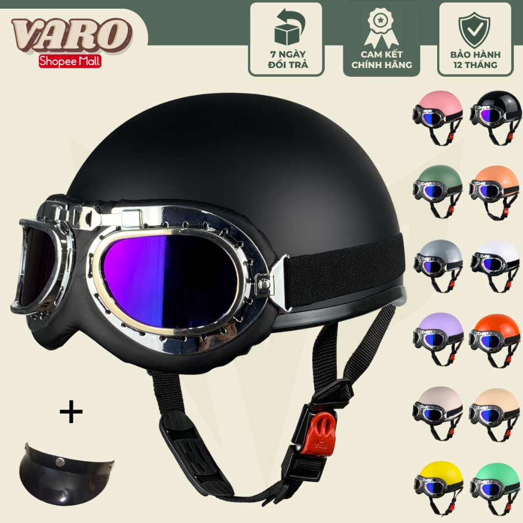 Varo heat-pressed half-head helmet with mesh rim, aviator glasses ...