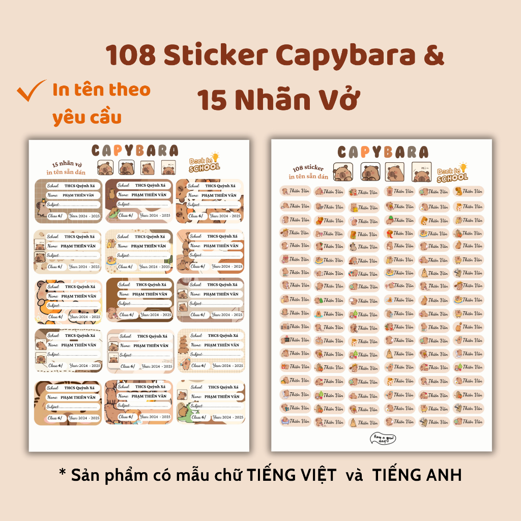 Combo 108 Stickers + 45 CAPYBARA Notebook Labels With Name Printed On ...