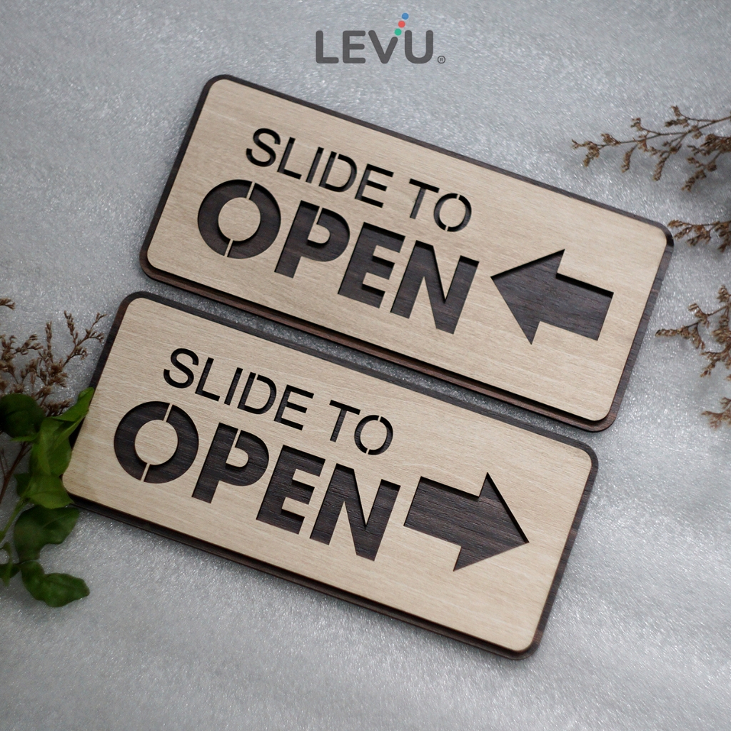 Wooden door opening guide panel LEVU-TP08 Slide To Open arrow left and ...