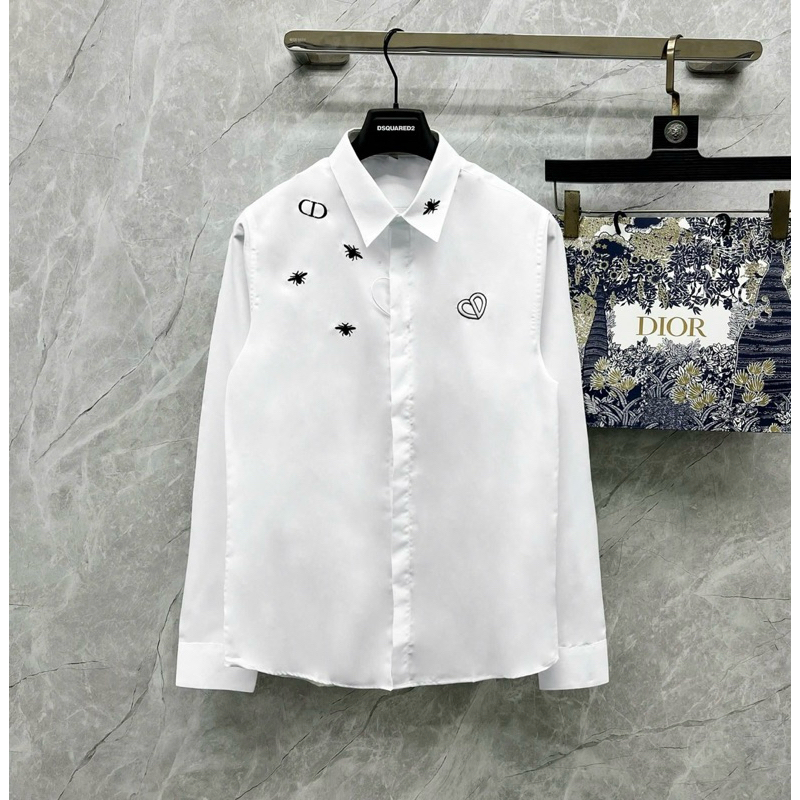 Men's long-sleeved white CD shirt with silk fabric embroidered with bee ...
