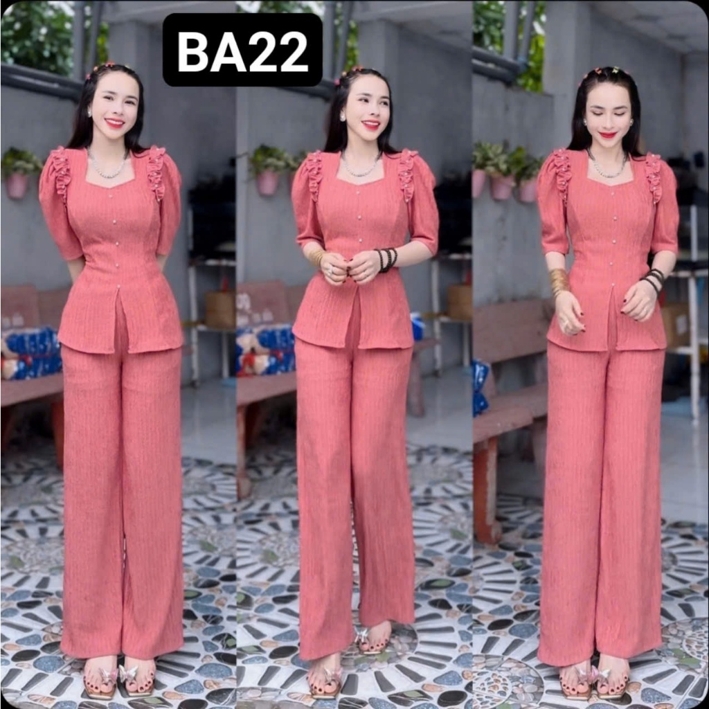 Lam Ba Ba Set Loose Sleeve Shirt with Ruffle Hem Straight-Leg Trousers ...