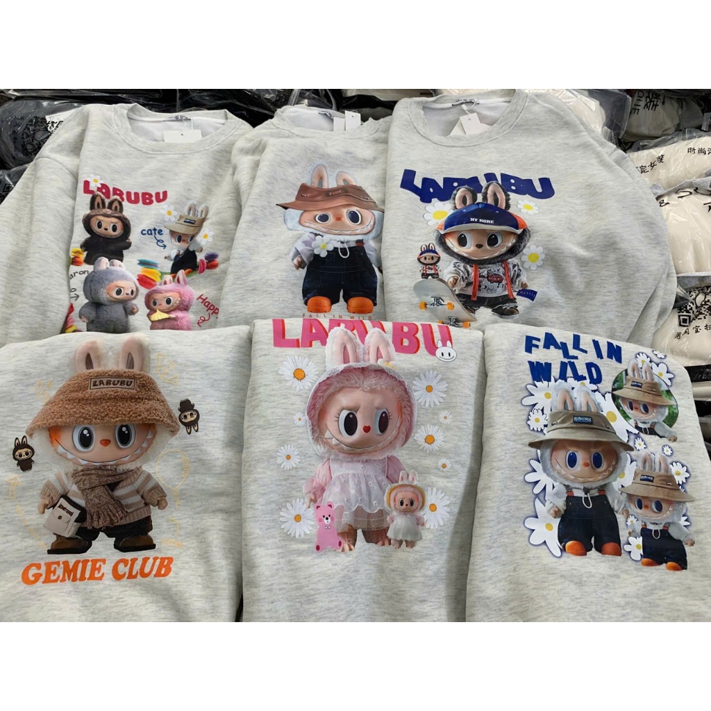 Labubu sweater with many cute labubu cartoon patterns in gray color ...