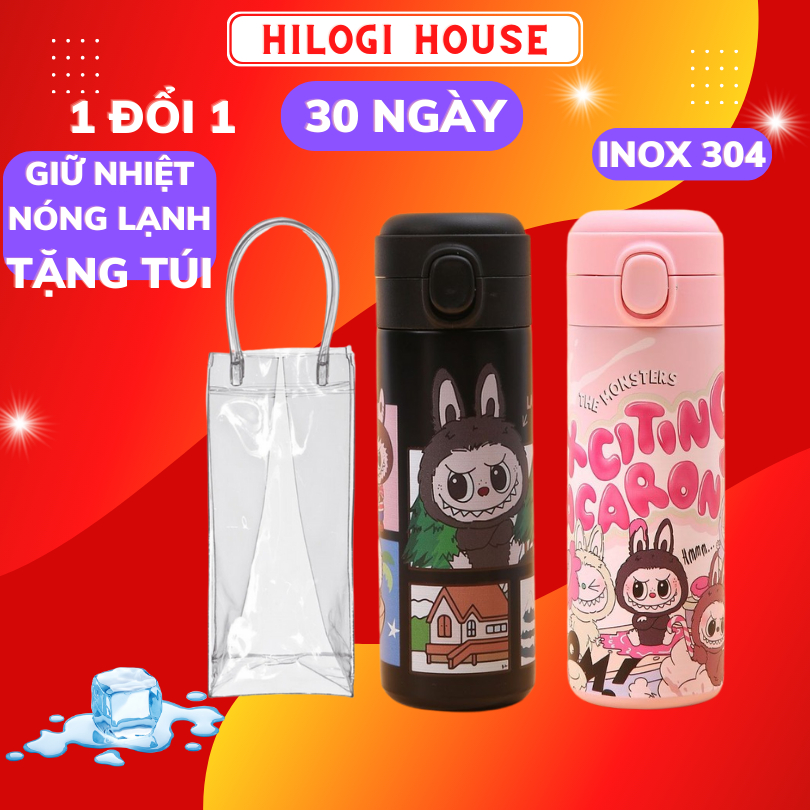 Labubu HiLOGI student thermos bottle, capacity 420ml, 304 stainless steel, flip lid, water ...