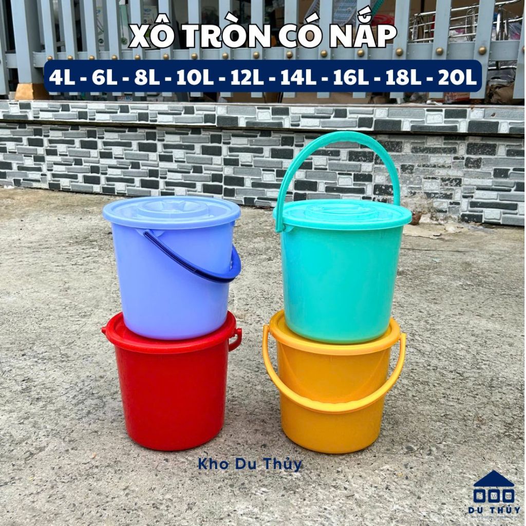 Round plastic bucket with lid and handle, capacity 4L-6L-8L-10L-12L-14L ...